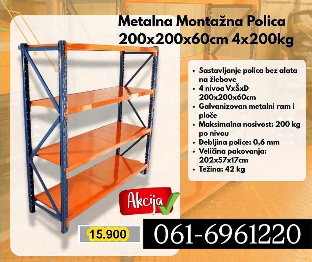 Metalna montažna polica – 200 x 200 x 60 cm (4 nivoa, po 200 kg) -