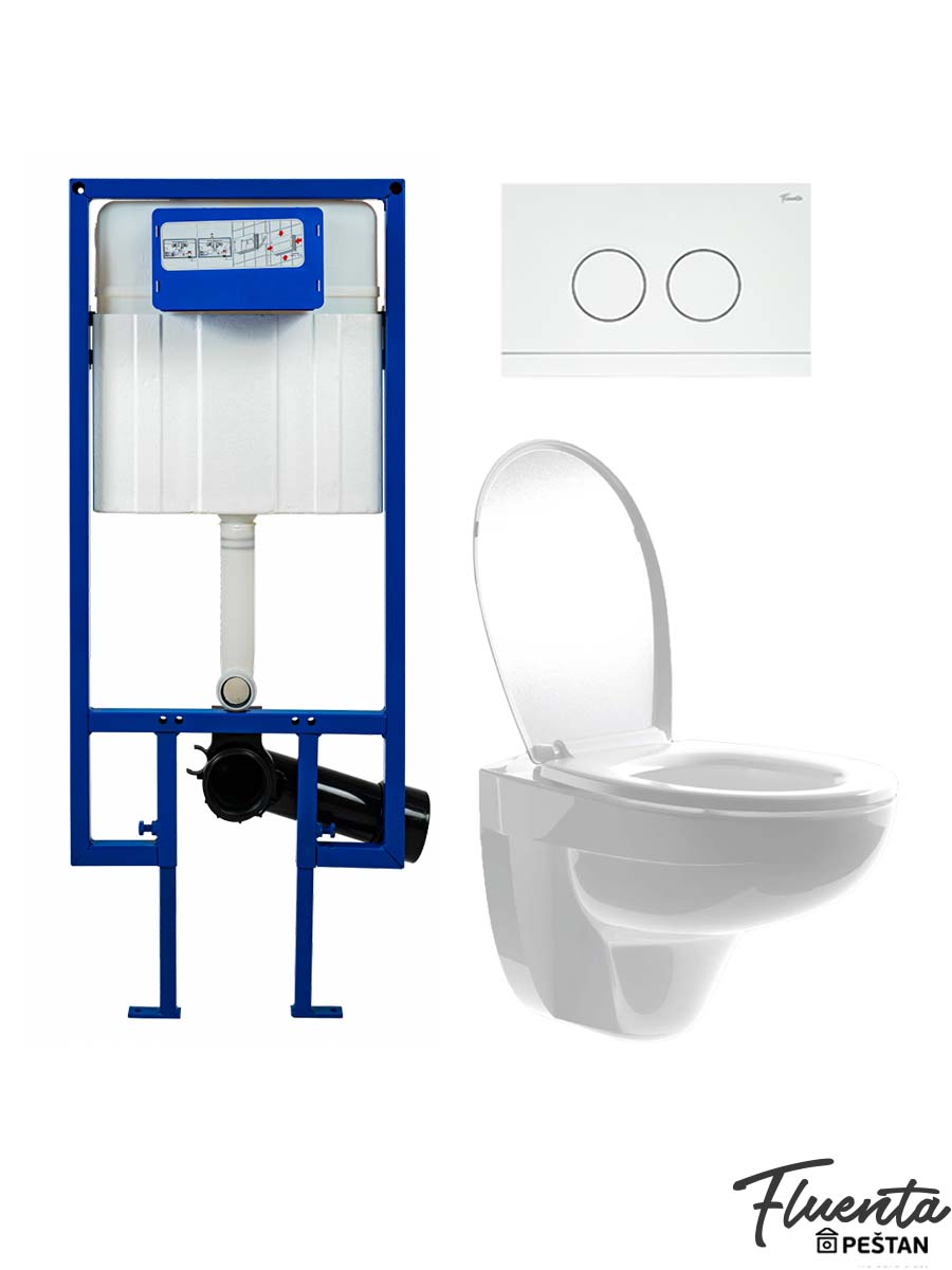 Set Fluenta Peštan Fit 80mm Ugradni vodokotlić+ Ring bela tipka + Basic wc šolja sa daskom