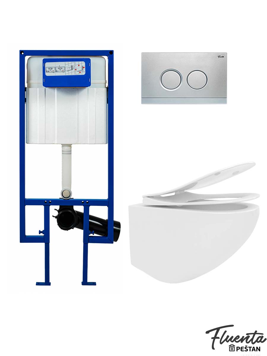 Set Fluenta Peštan Fit 80mm Ugradni vodokotlić+ Ring hrom mat tipka + Rimless wc šolja sa daskom