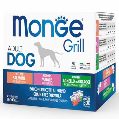 MONGE Grill Sosići za pse, Losos, svinjetina i jagnjetina, 12x100g