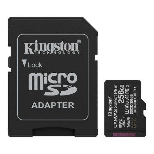 Kingston SDCS3/256GB MicroSD 256GB, Canvas Select Plus, Class 10 UHS-I U1 V10 A1, Read up to 150MB/s, w/SD adapter