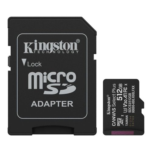 Kingston SDCS3/512GB MicroSD 512GB, Canvas Select Plus, Class 10 UHS-I U3 V30 A1, Read up to 150MB/s, w/SD adapter