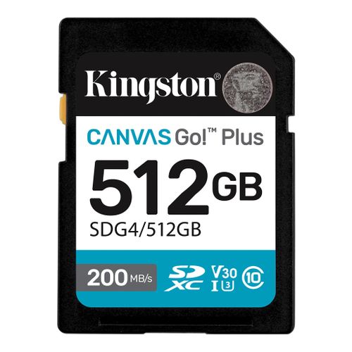 Kingston SDG4/512GB SD Card 512GB, Canvas Go! Plus, SDXC Class10 UHS-1 U3 V30, Read up to 200MB/s, Write up to 160MB/s, for 4K and FullHD video recording