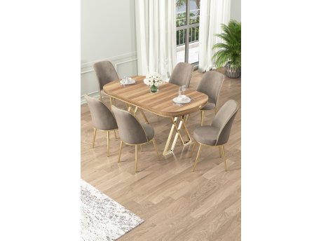 HANAH HOME Set Trpezarijski sto i 6 stolica Lai Light Walnut Gold Cappuccino