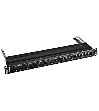 19" Patch panel 24xRJ45 (SFA,SFB), 1HU, izvlačiv, prazan,crn
1U, RAL5005 crni, jezičac RJ45 utikača prema dolje