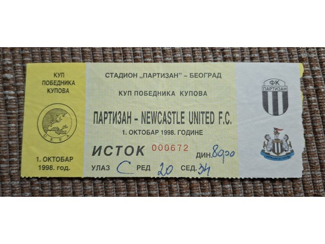Partizan - Newcastle 01.10.1998. Ulaznica