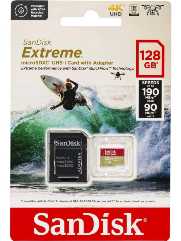 SanDisk SDXC 128GB Extreme micro 190MB/s A2 C10 V30 UHS-I U3+Ad