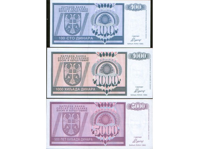 Republika Srpska lot 3 novčanice 1992. UNC.