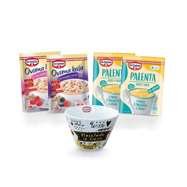 DR.Oetker Paket Ovsena kaša šumsko voće i malina, Palenta sir 2 komada + Činija