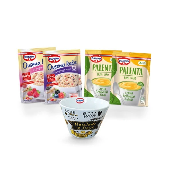 DR.Oetker Paket Ovsena kaša šumsko voće i malina, Palenta 2 komada + Činija