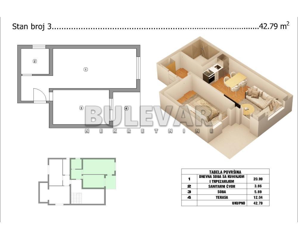 Pribojska, Jednoiposoban stan na prodaju, 43m2, 66.500€