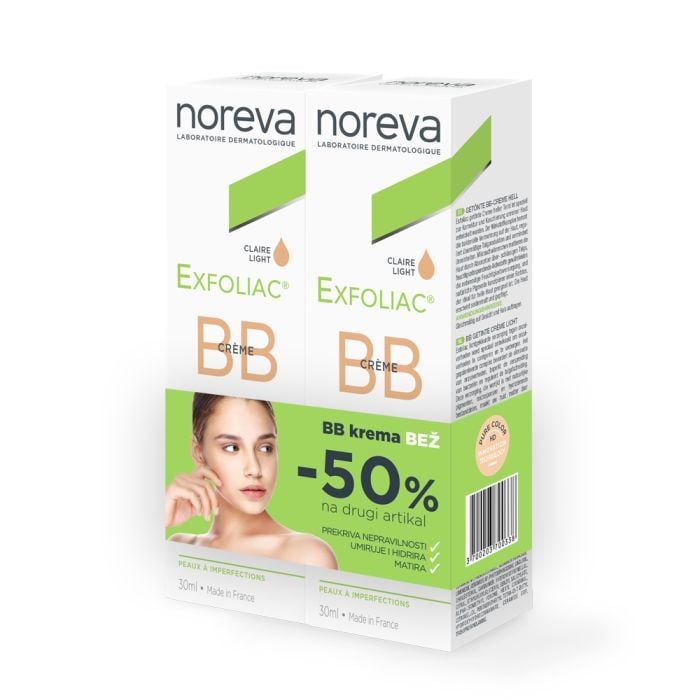 Noreva promo 1+50% gratis exfoliac bb krema- clair, 30ml