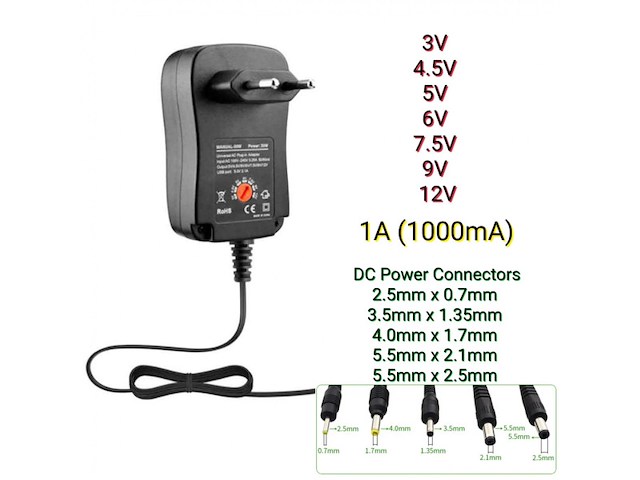 Strujni adapter punjač 3V, 4.5V, 5V, 6V, 7.5V, 9V, 12V