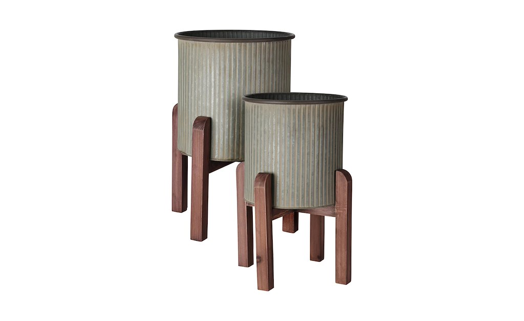 Saksija ribbed steel, wooden stand 26.5x26.5x39 cm