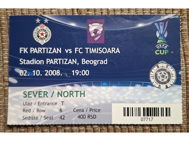 Partizan - Temisvar 02.10.2008. Ulaznica #2