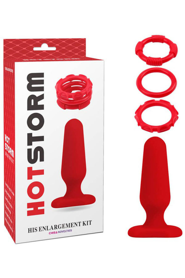 Crveni silikonski set od 3 gumice za penis i analnom kupom CN 494752871