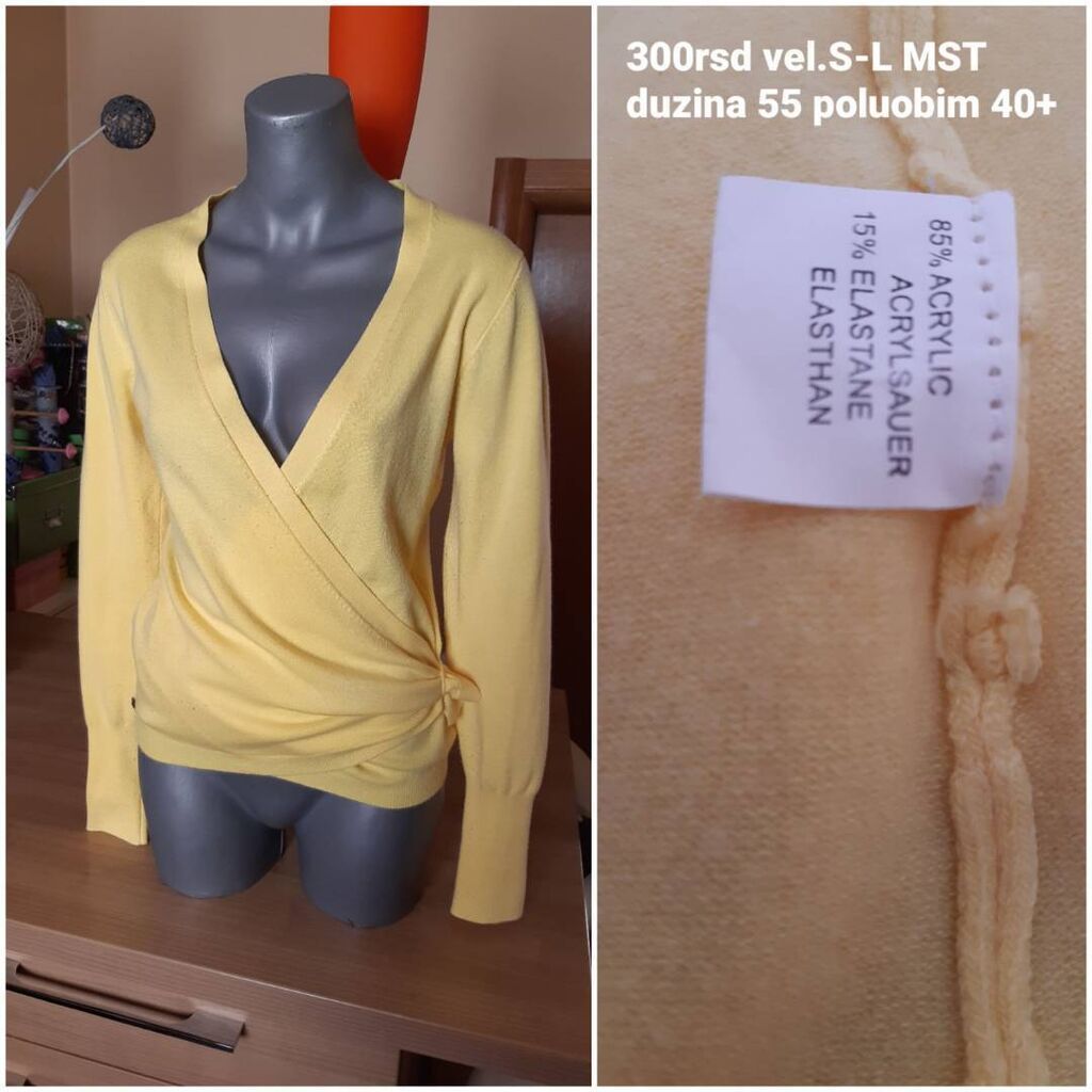 Ženski pleteni džemper/bolero u svetložutoj boji, model na preklop. -