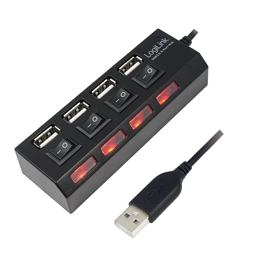Logilink USB 2.0 HUB, 4-port, On/Off, crni sa napajanjem