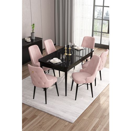 Pink Ekstenzibilni Trpezarijski Sto i Stolice Set (7 Delova) - Crni Mramor, Rozi Mramor