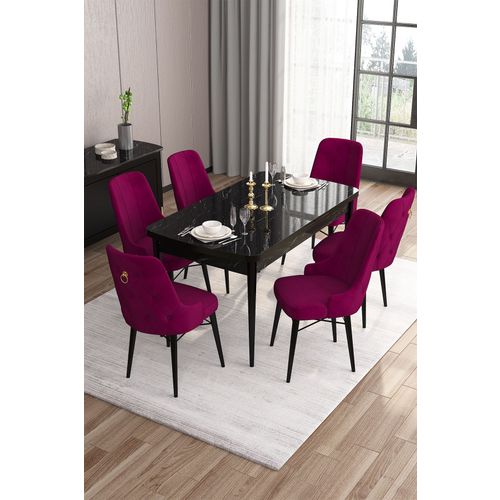 Damson Ekstenzibilni Trpezarijski Sto i Stolice Set (7 Delova) - Crni Mramor