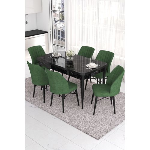 Eva - Crni Mramor, Khaki Ekstenzibilni Trpezarijski Sto i Stolice Set (7 Delova)