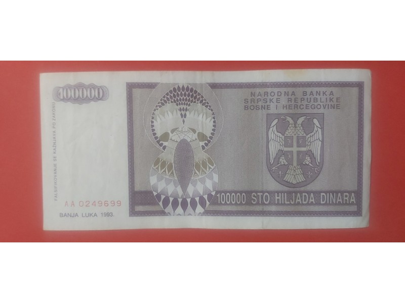 100.000 dinara 1993 god Republika Srpska Vf