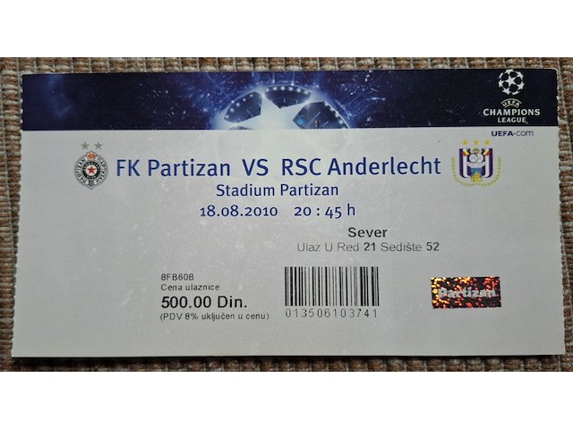 Partizan - Anderleht 18.08.2010. Ulaznica #3