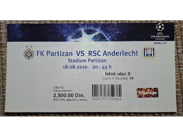 Partizan - Anderleht 18.08.2010. Ulaznica #2