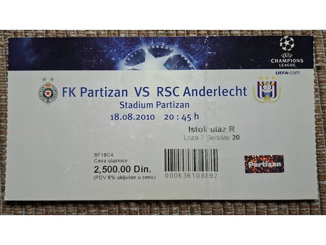 Partizan - Anderleht 18.08.2010. Ulaznica