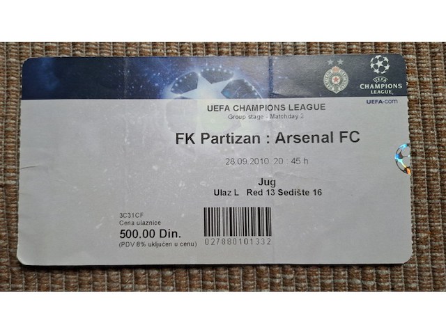 Partizan - Arsenal 28.09.2010. Ulaznica #2