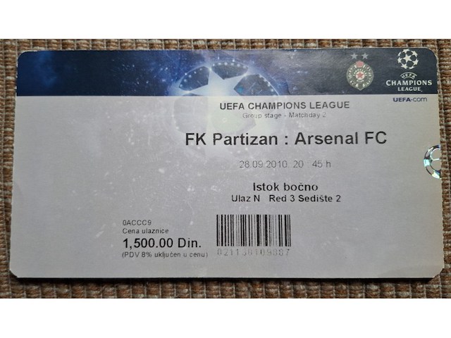 Partizan - Arsenal 28.09.2010. Ulaznica