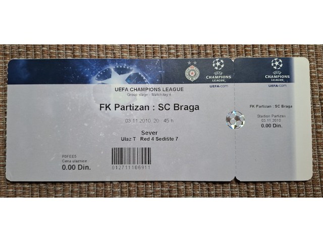 Partizan - Braga 03.11.2010. Ulaznica #2