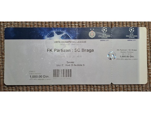 Partizan - Braga 03.11.2010. Ulaznica