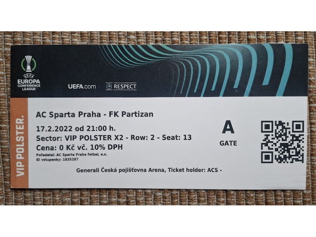 Sparta Prag - Partizan 17.02.2022. Ulaznica