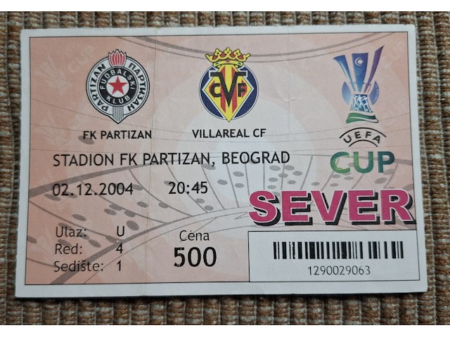 Partizan - Viljareal 02.12.2004. Ulaznica