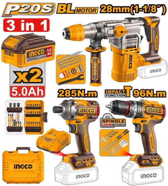 Akumulatorski set vibraciona bušilica + udarni odvrtač + čekić bušilica + 20V 2x5,0Ah + pribor Super INGCO COSLI250693E