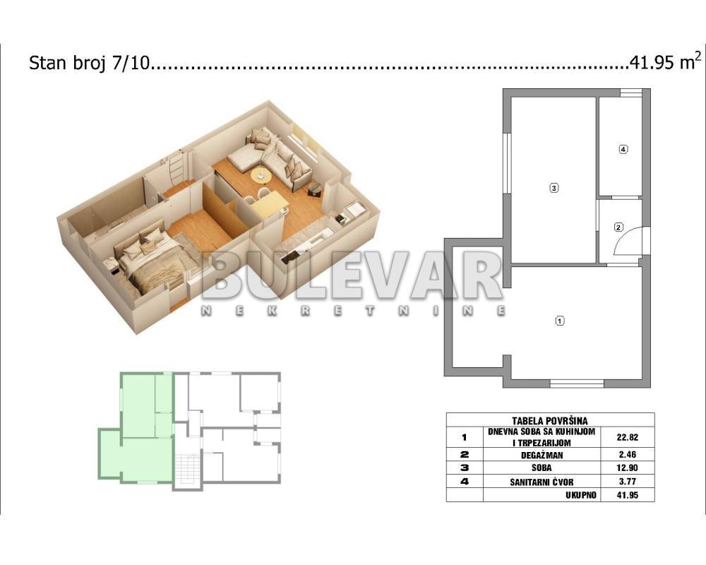 Pribojska, Jednoiposoban stan na prodaju, 42m2, 70.000€