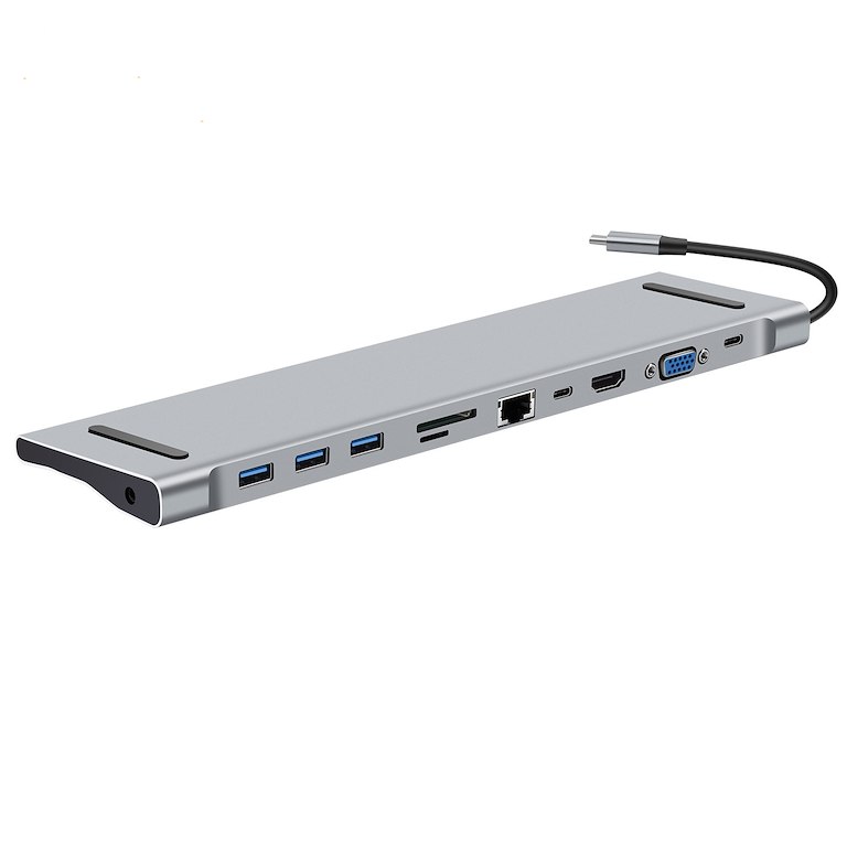 Tip C HUB Kettz KT-1101G 11/1 4K HDMI VGA USB*3 SD/TF USB-C/PD AUX LAN