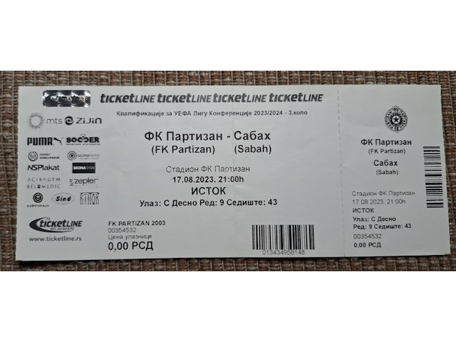 Partizan - Sabah 17.08.2023. Ulaznica