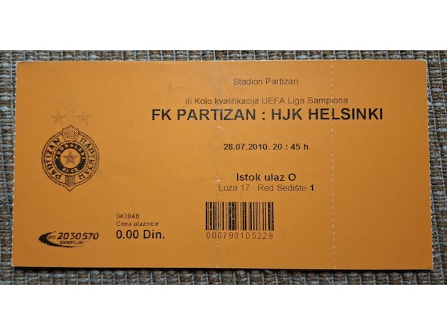 Partizan - HJK Helsinki 28.07.2010. Ulaznica #2