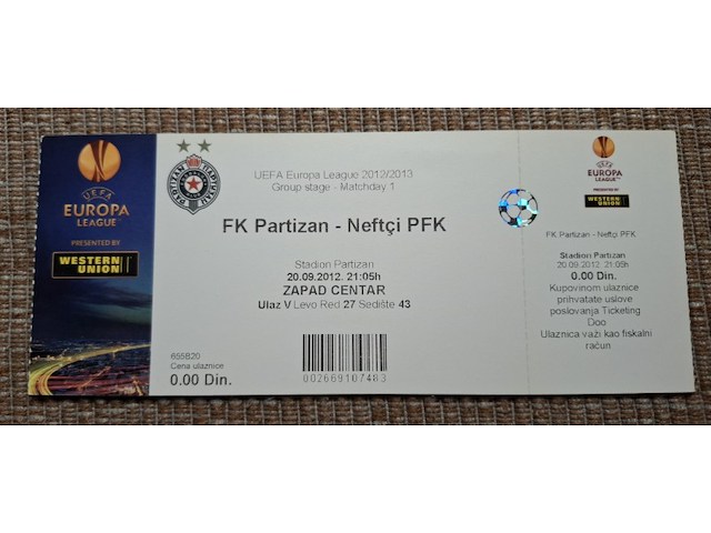 Partizan - Neftci 20.09.2012. Ulaznica #2