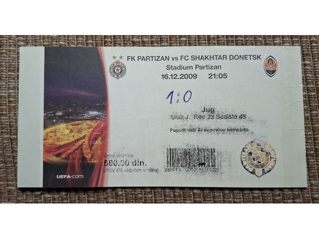 Partizan - Shakhtar Donetsk 16.12.2009. Ulaznica