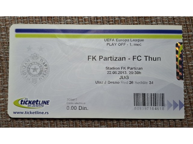 Partizan - Thun (Tun) 22.08.2013. Ulaznica