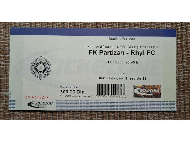 Partizan - Rhyl (Ril) 21.07.2009. Ulaznica
