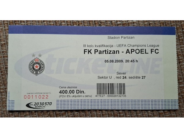 Partizan - Apoel 05.08.2009. Ulaznica #2