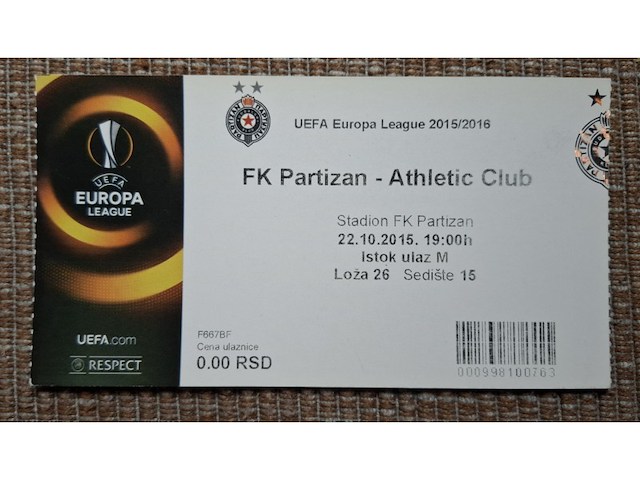 Partizan - Athletic Bilbao 22.10.2015. Ulaznica