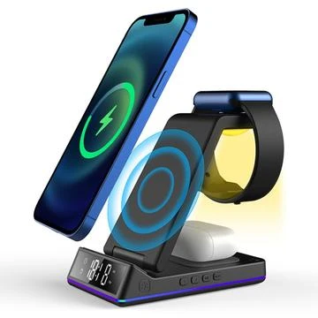 Z6 FOLDABLE 5-IN-1 15W MAGNETIC WIRELESS CHARGER WITH FLASHY ATMOSPHERE LIGHT/DIGITAL CLOCK MULTI-FUNCTION WIRELESS CHARGING STAND