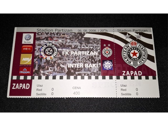 Partizan - Inter Baki 06.08.2008. Ulaznica #2