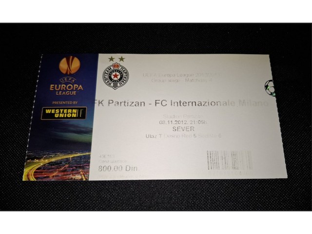 Partizan - Inter Milan 08.11.2012. Ulaznica #2