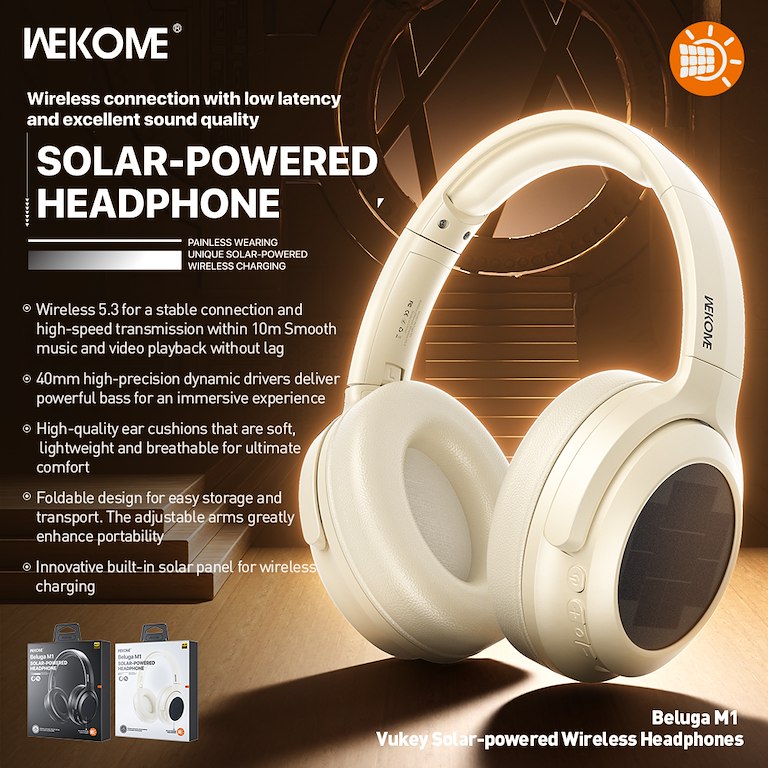 WEKOME Solarne Wireless Slušalice Over-Ear, bele Beluga M1